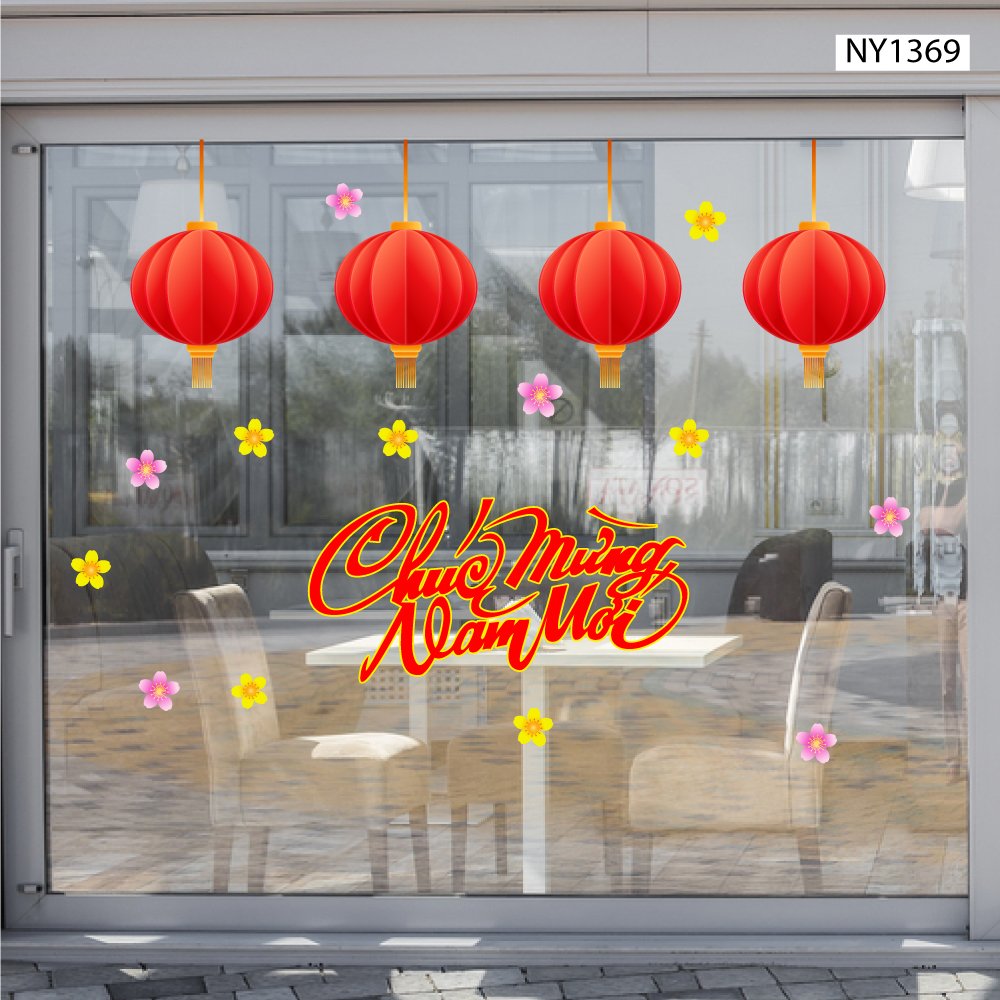 Decal Trang Trí Tết Lồng Đèn Đỏ May Mắn Chúc Mừng Năm Mới