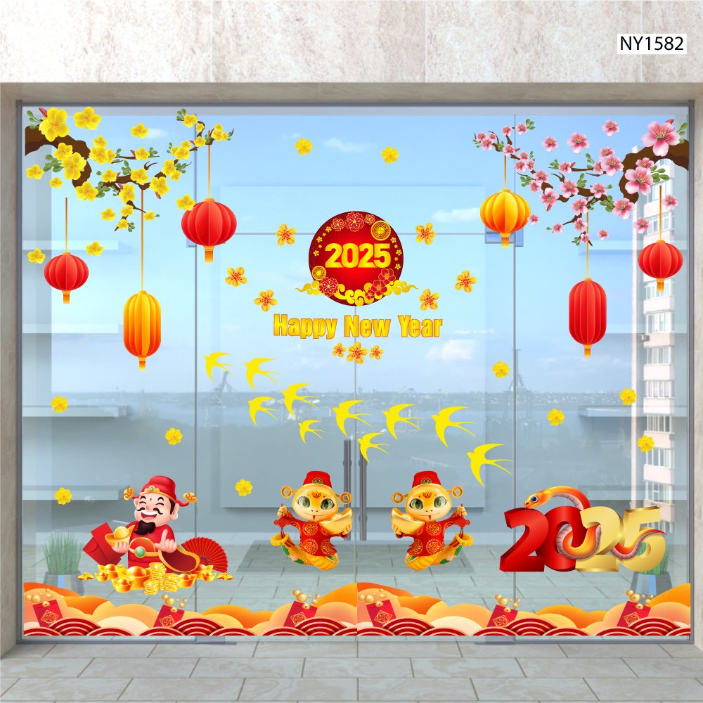 Combo Decal Trang Trí Tết Mừng Xuân Thần Tài Du Xuân Ất Tỵ 2025