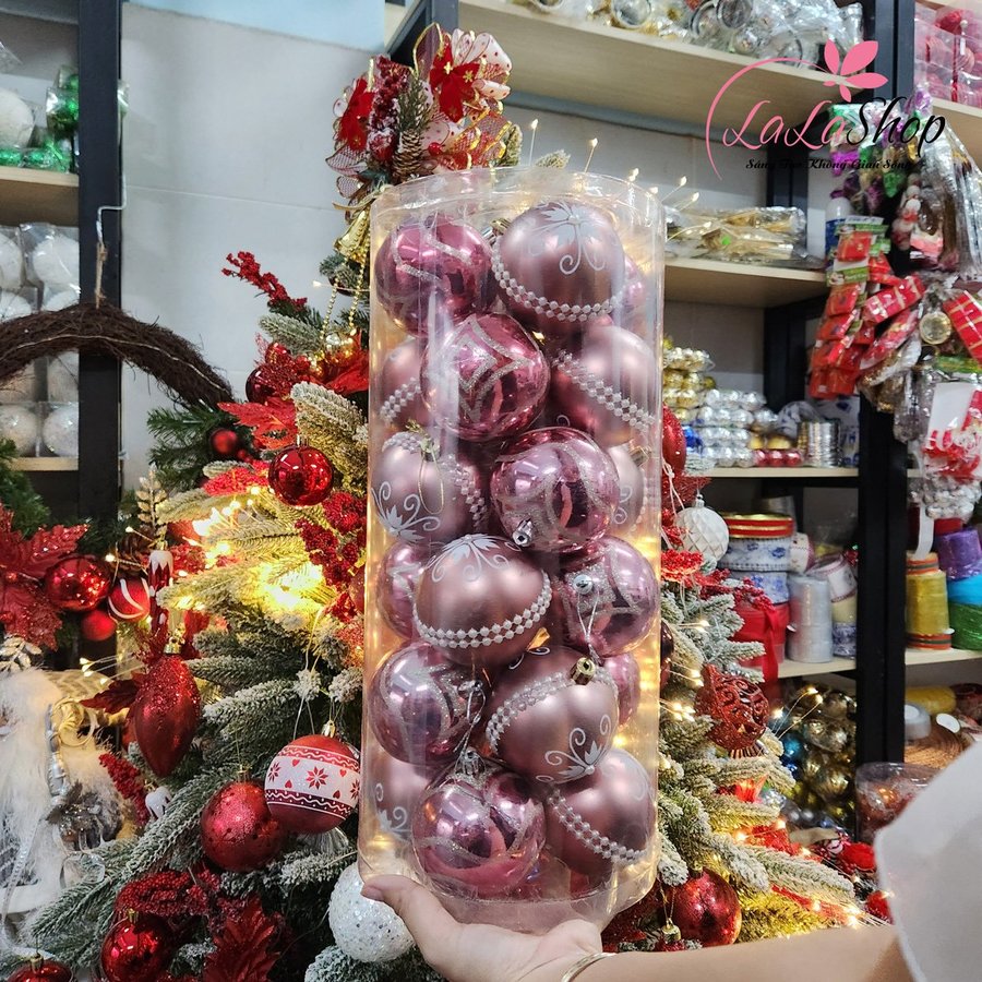 Hộp 24 Quả Châu Màu Hồng 8cm Trang Trí Noel