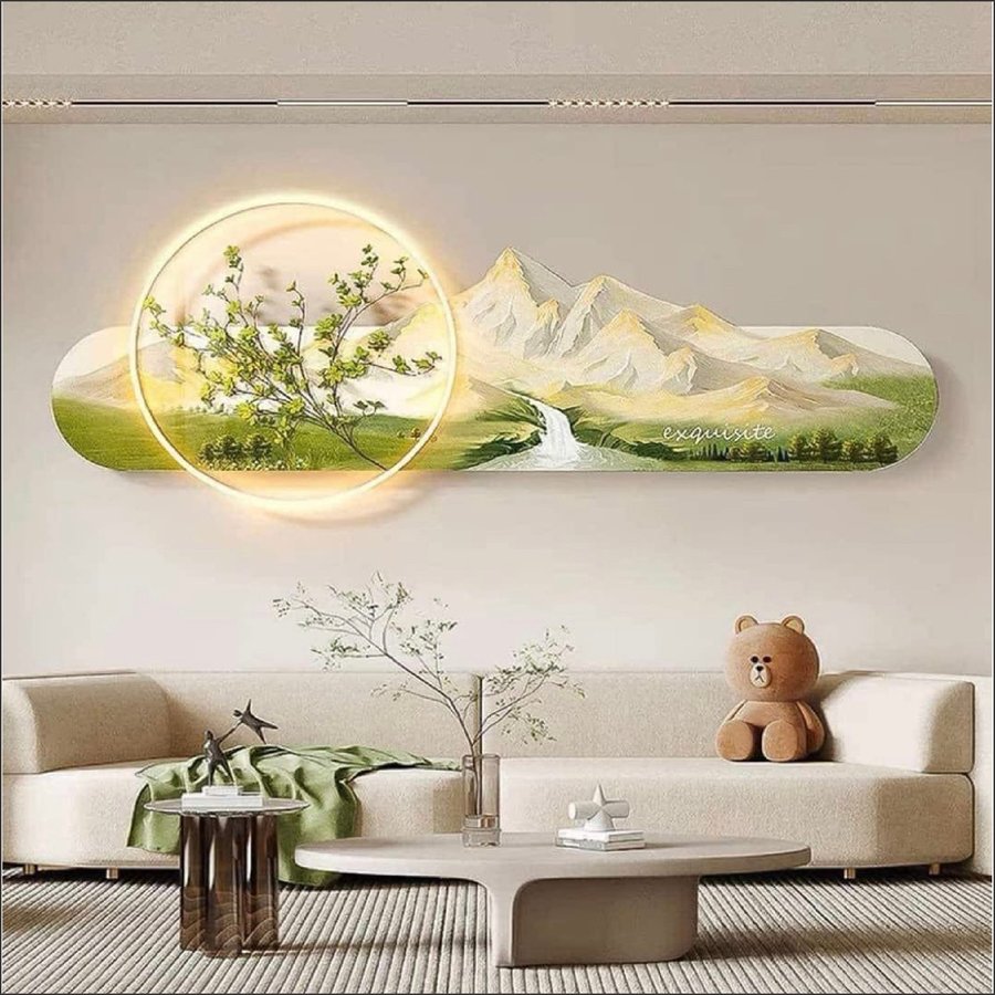 Tranh đèn led treo tường phòng khách mẫu phong cảnh núi sông